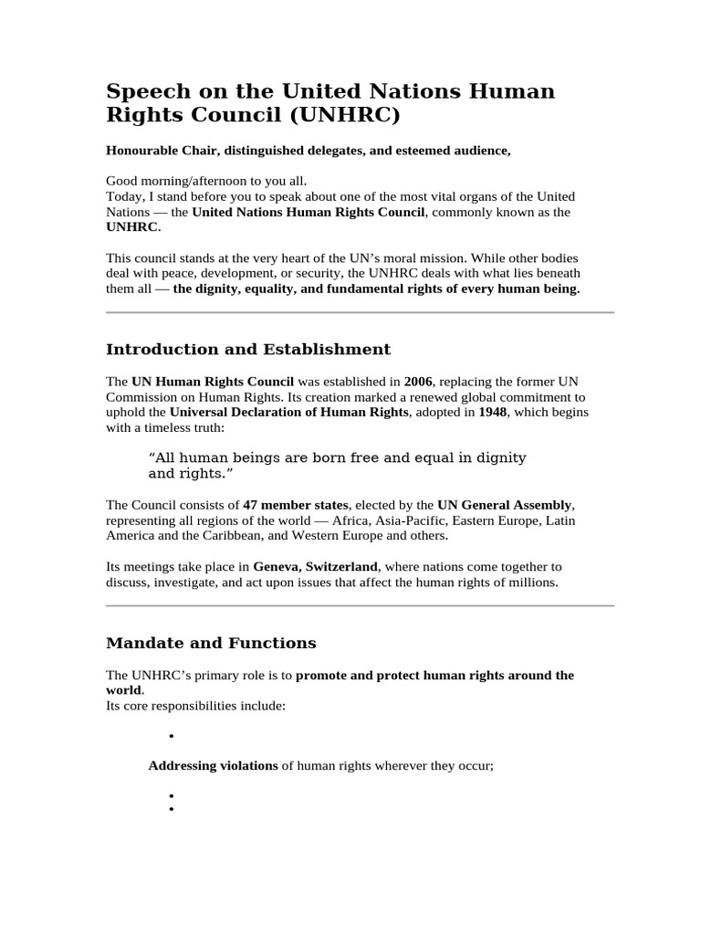 Speech On The United Nations Human Rights Council | PDF | Human Rights ...
