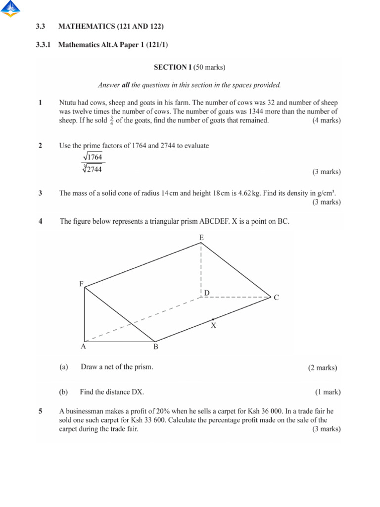 Mathematics Question Paper1 2 Kcse 2014 | PDF