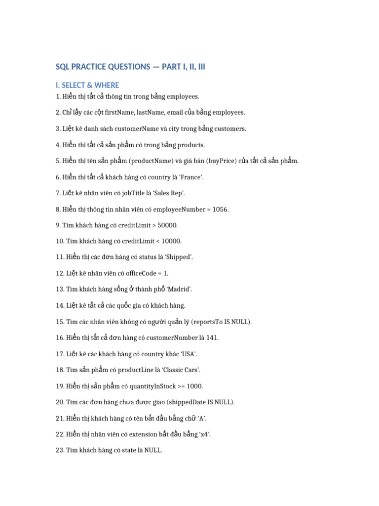 SQL Practice Questions Part I II III | PDF