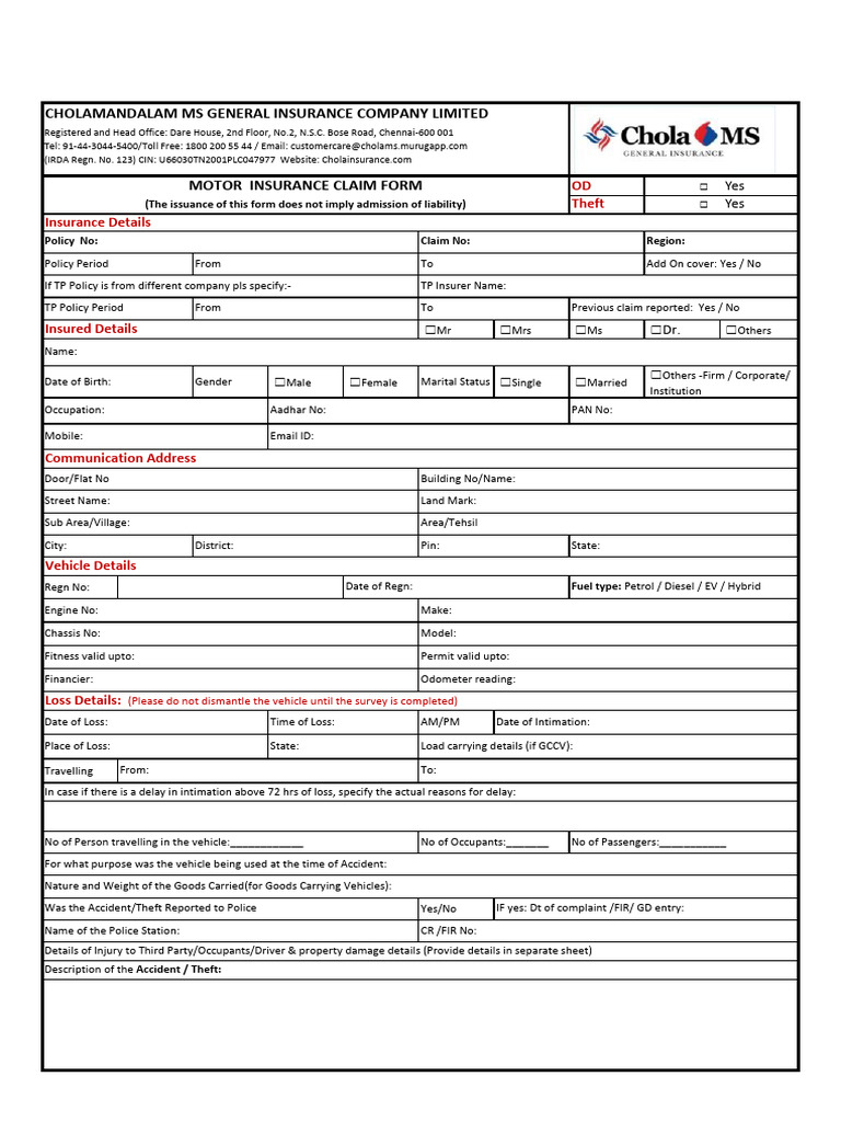 Chola Claim Form New | PDF | Vehicles | Transport