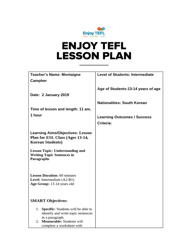 Enjoy TEFL Assessment Lesson Plan To Complete | PDF | Lesson Plan ...