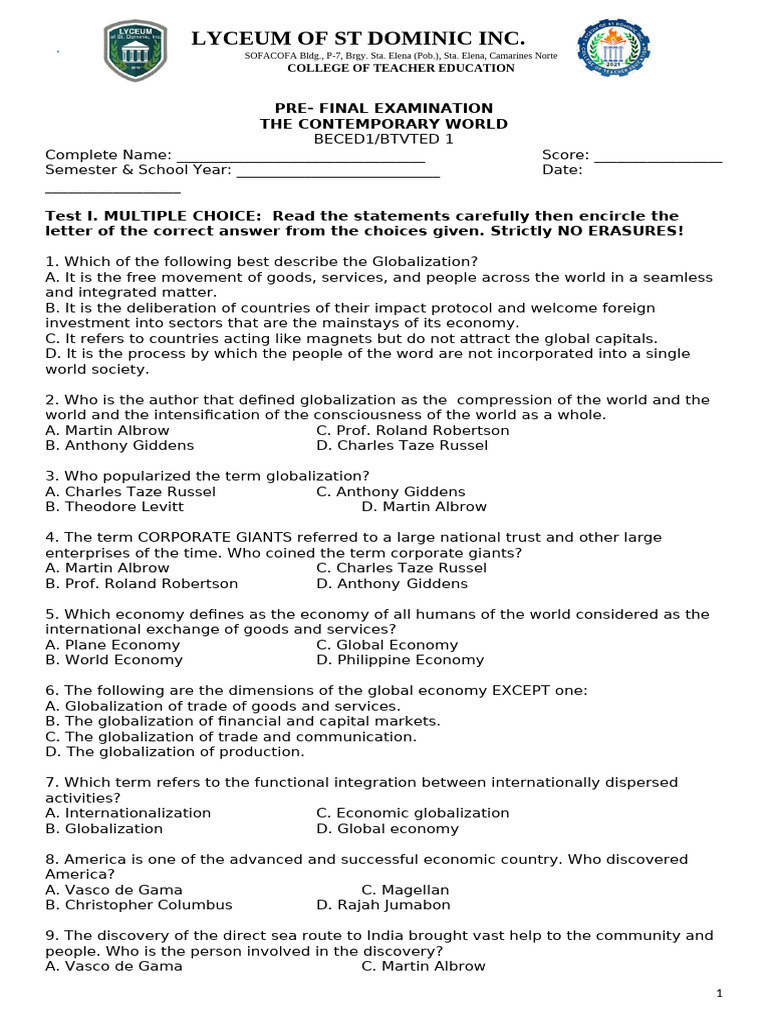 Contemporary World Prelim Exam Guide | PDF | Globalization | Economies