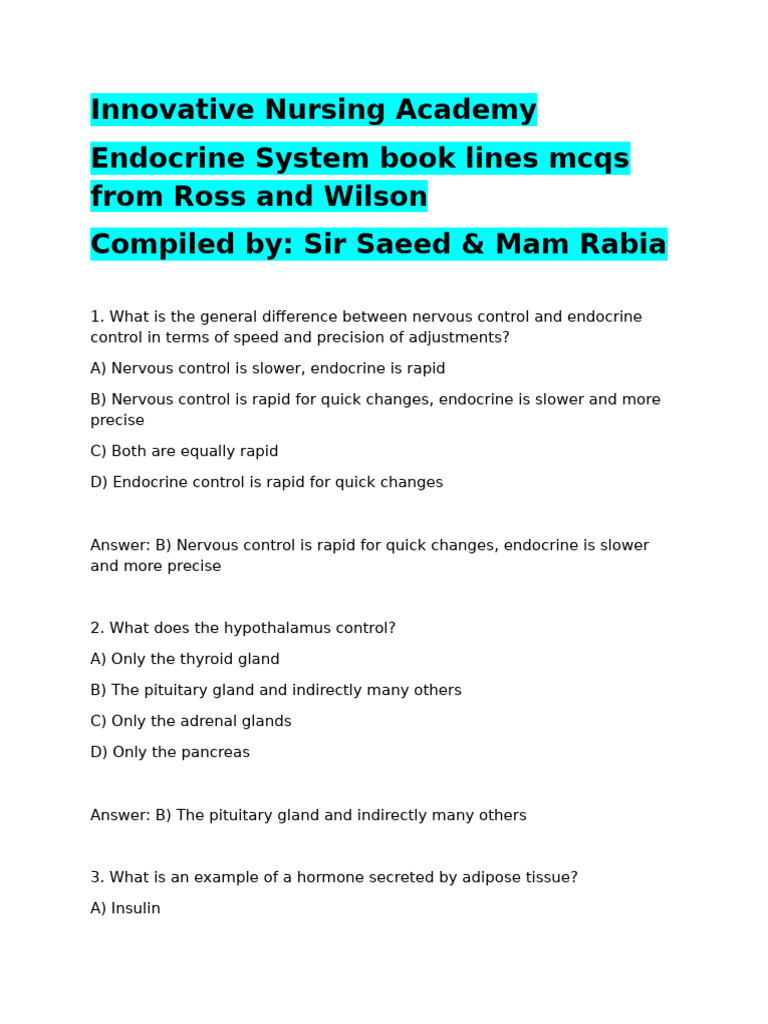 Endocrine System Book Lines Mcqs | PDF | Pituitary Gland | Thyroid