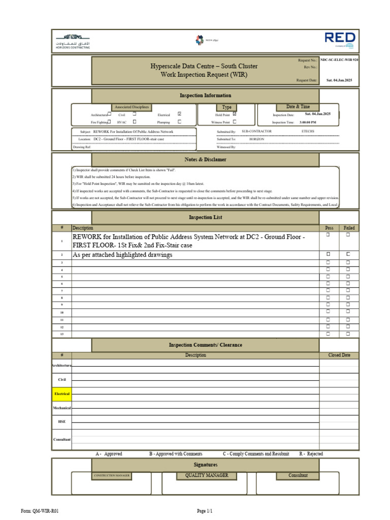 Work Inspection Request for PA System | PDF