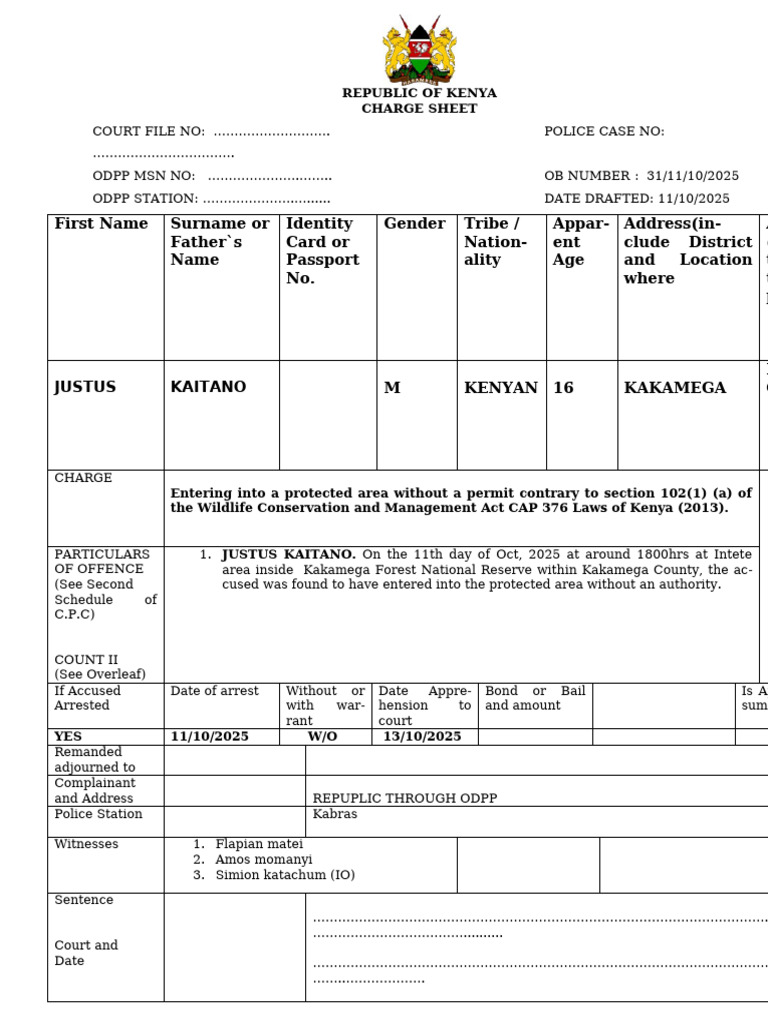Justus Kaitano Charge Sheet | PDF | Bail | Crime & Violence
