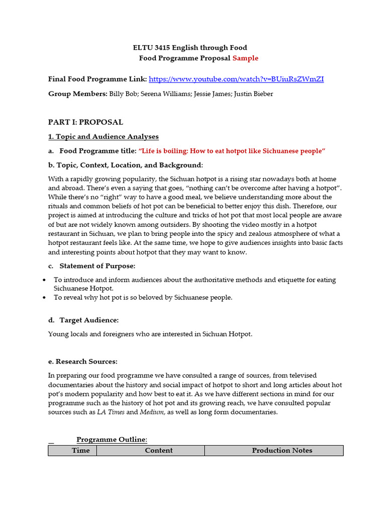Sample 2 - Food Programme Proposal and Video Link | PDF | Foods | Cuisine