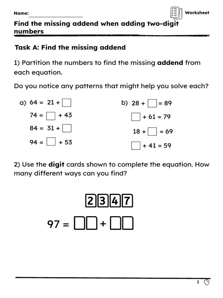 Missing Addend Worksheet for Two-Digit Sums | PDF