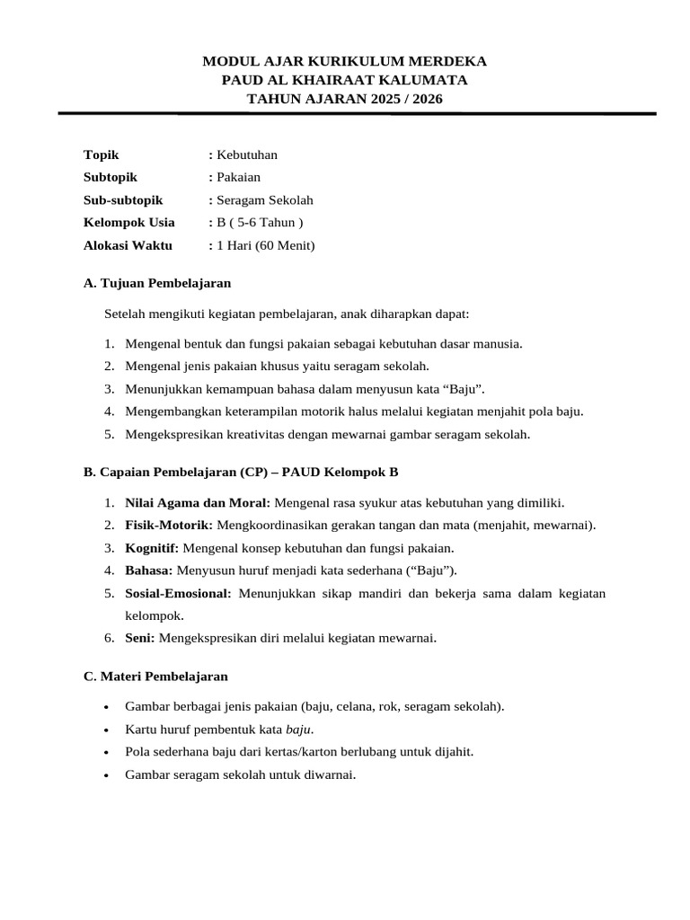 Modul Ajar PAUD: Seragam Sekolah | PDF