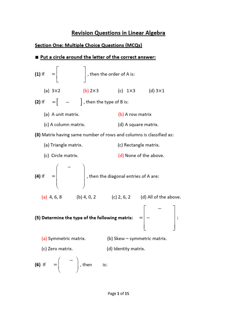 Linear Algebra MCQs for Revision | PDF | Matrix (Mathematics ...