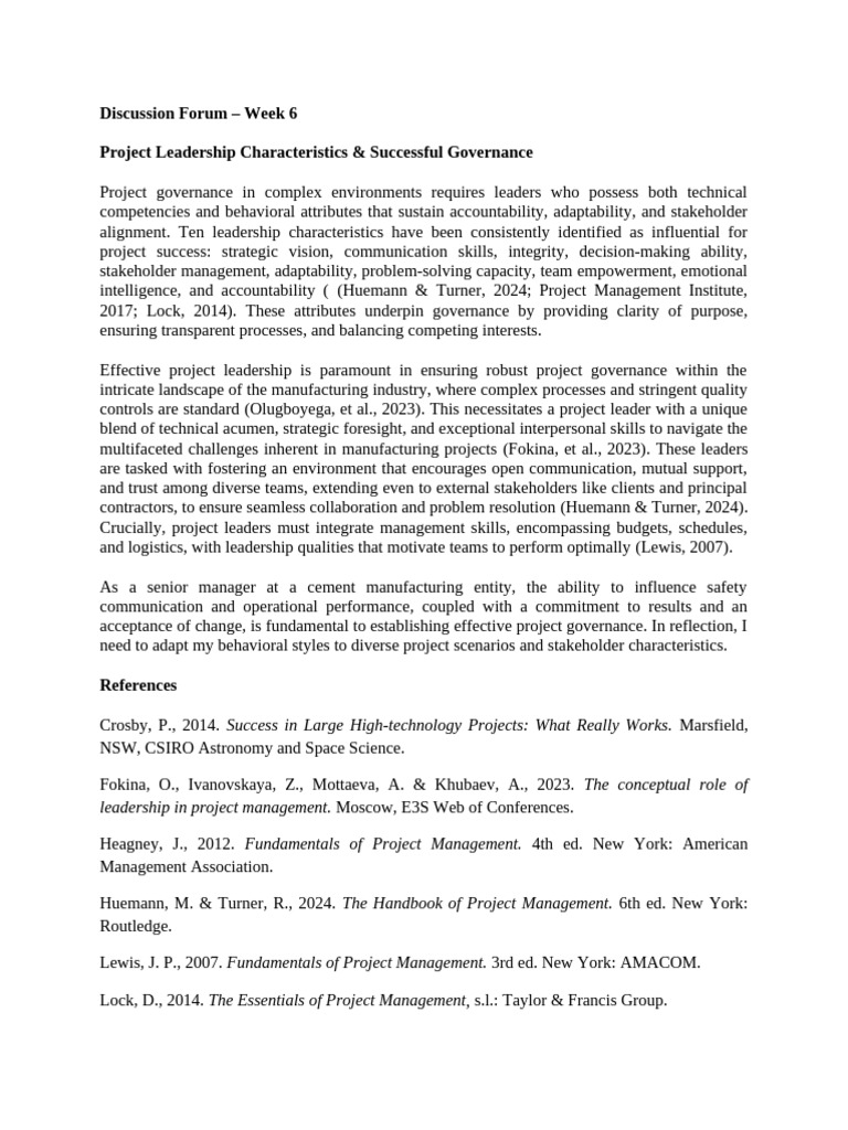 Discussion Forum - Week 6 - Project Leadership | PDF | Leadership ...