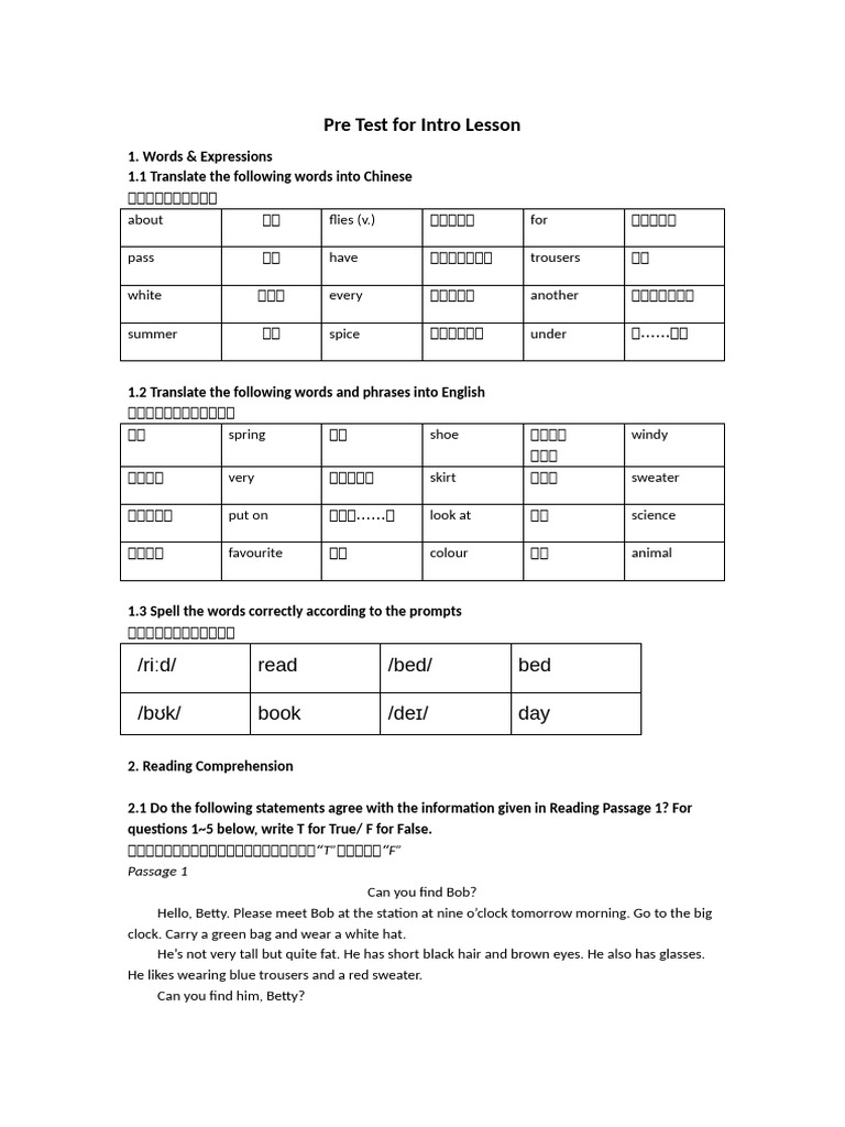 1 - Pre Test For Intro Lesson | PDF