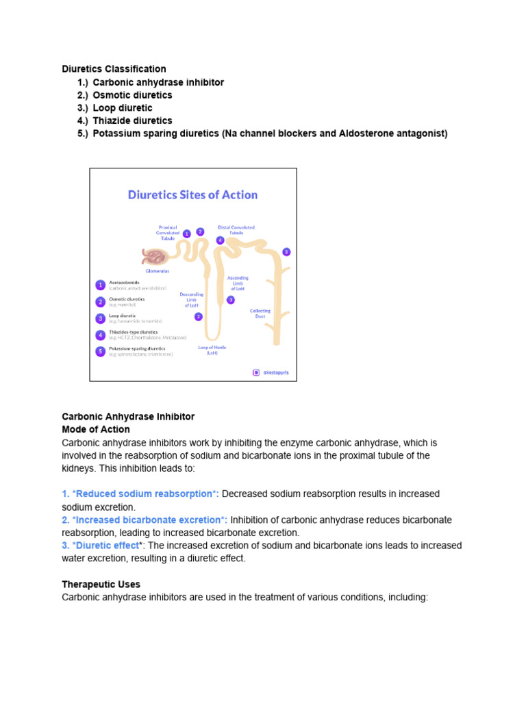 Diuretics Classification, MoA and Therapeutic Uses | PDF | Medical ...