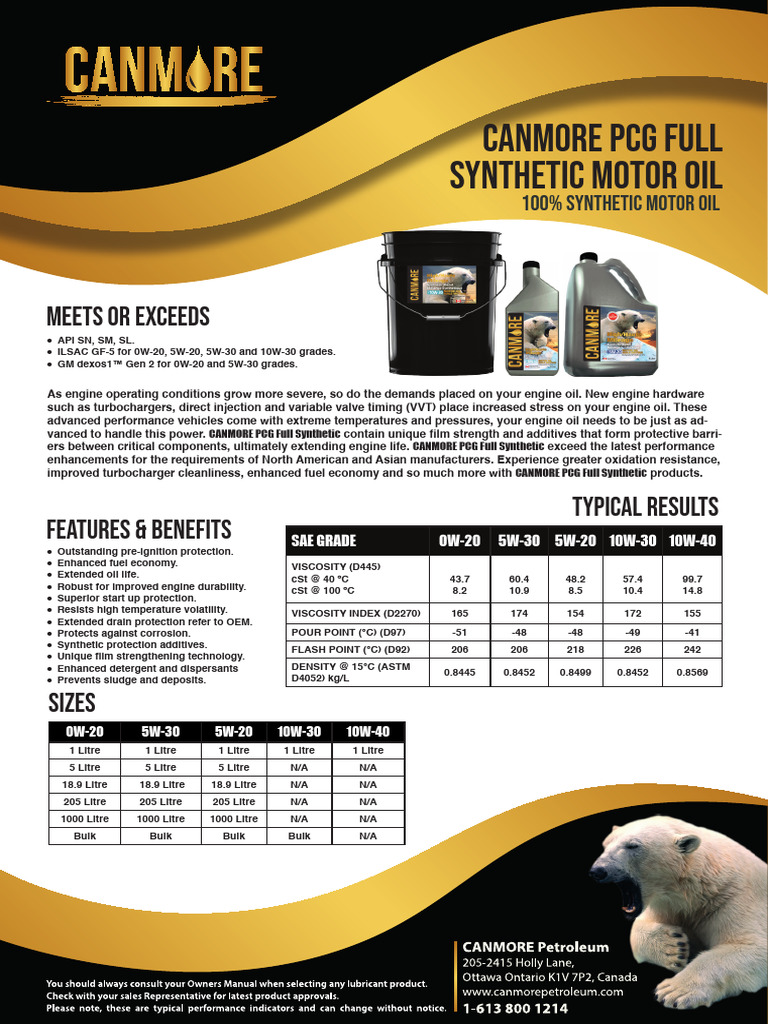 Canmore PCG Full Synthetic Motor Oil | PDF | Motor Oil | Engines