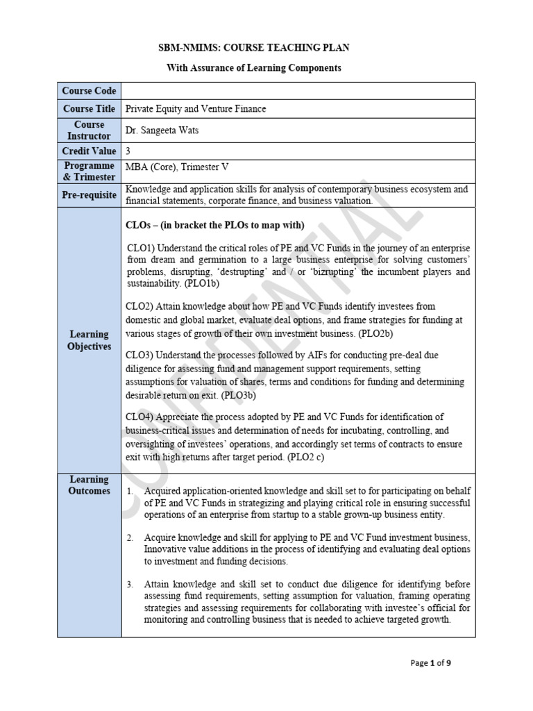 Private Equity & Venture Finance Course Plan | PDF | Venture Capital ...