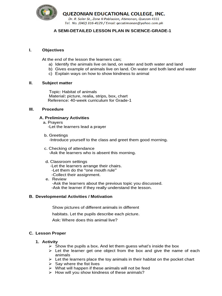 Lesson Plan Sample | PDF | Lesson Plan | Habitat