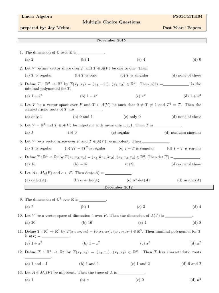 Linear Algebra Multiple Choice Questions | PDF | Eigenvalues And ...