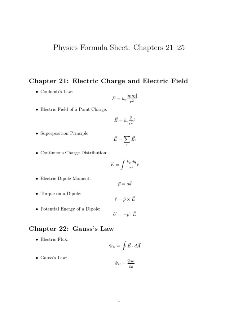 Physics Formulas: Chapters 21-25 Summary | PDF | Electric Field ...