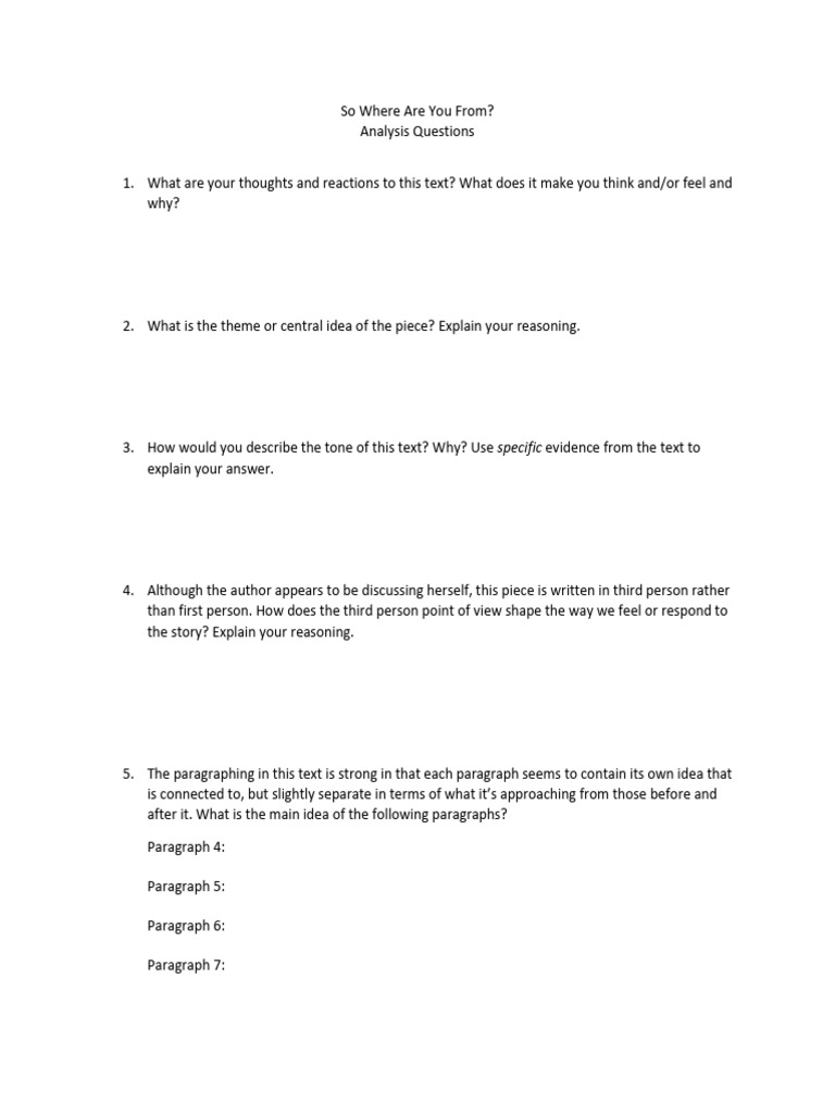 So Where Are You From Analysis Questions | PDF
