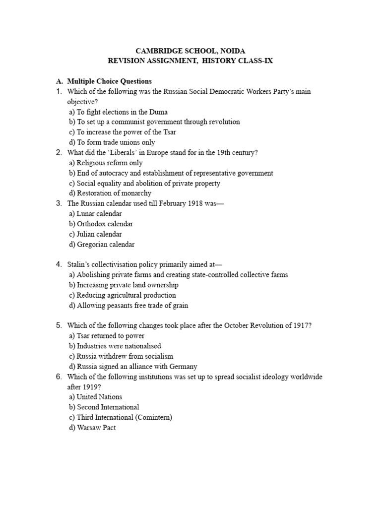 Revision Assignment Class 9 | PDF | Russian Revolution | Bolsheviks