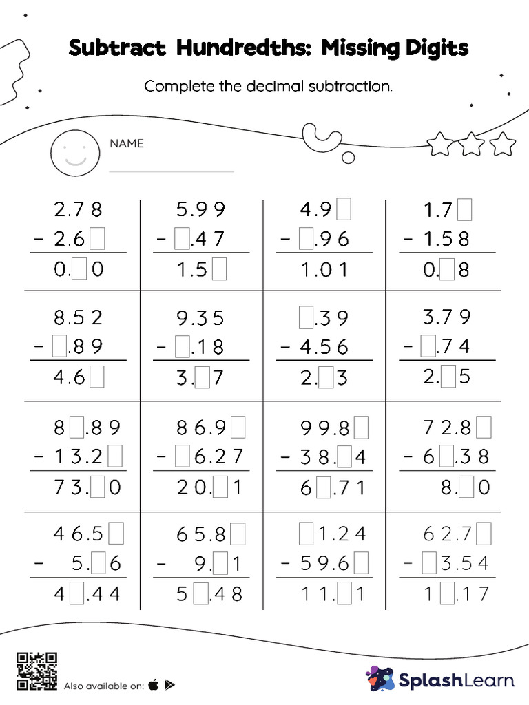 Subtract Hundredths - Missing Digits Worksheet | PDF