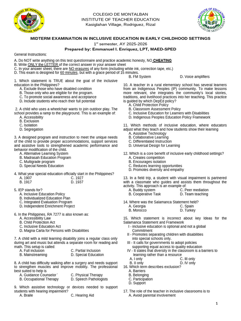 Midterm Exam: Inclusive Education 2025 | PDF | Inclusion (Education ...
