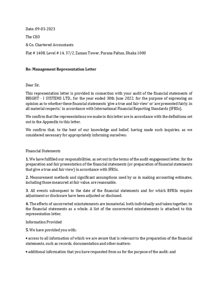 Management Representation Letter for Audit | PDF | Going Concern ...