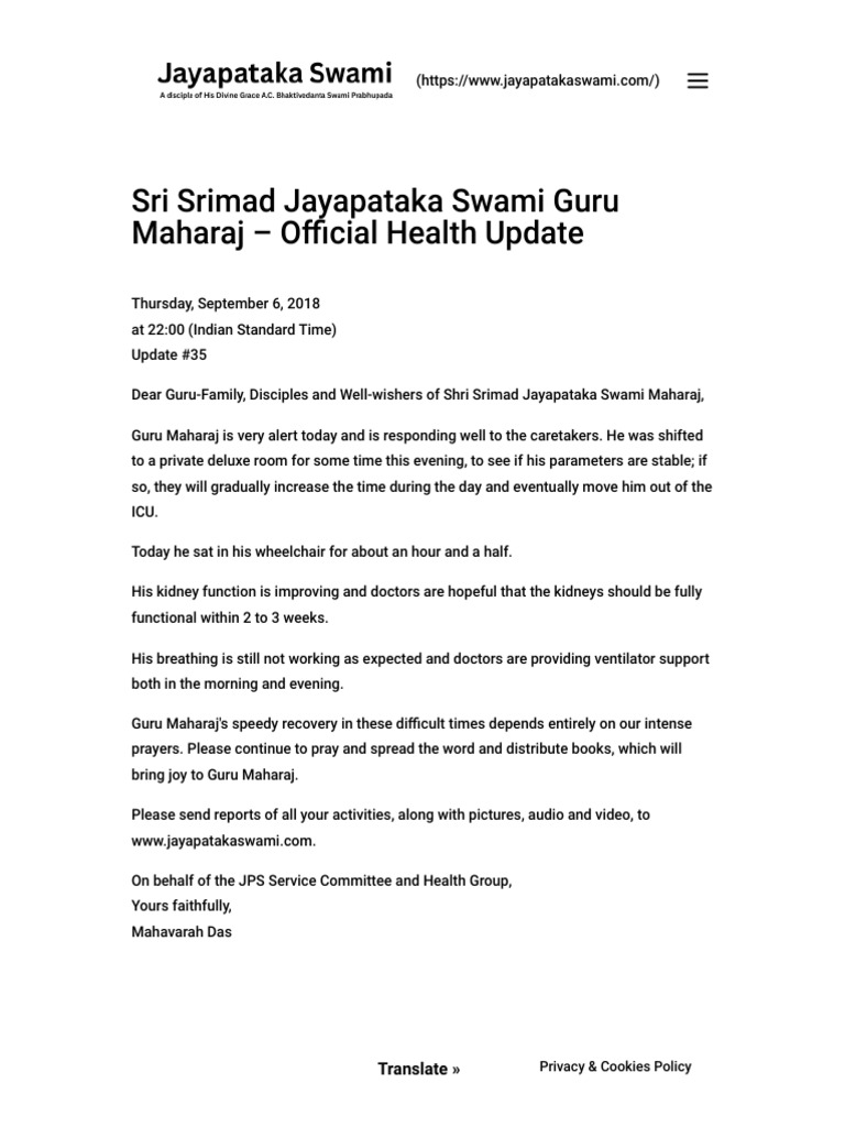 Sri Srimad Jayapataka Swami Guru Maharaj - Official Health Update ...