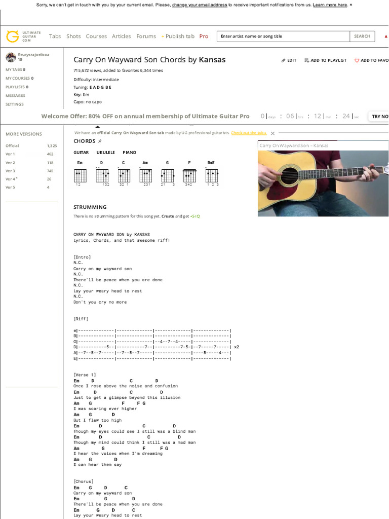 Carry On Wayward Son Chords by Kansas at Ultimate-Guitar | PDF