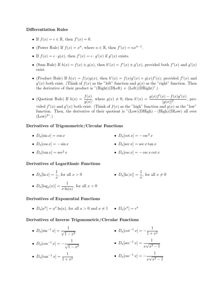 Essential Differentiation Rules Guide | PDF | Trigonometric Functions ...