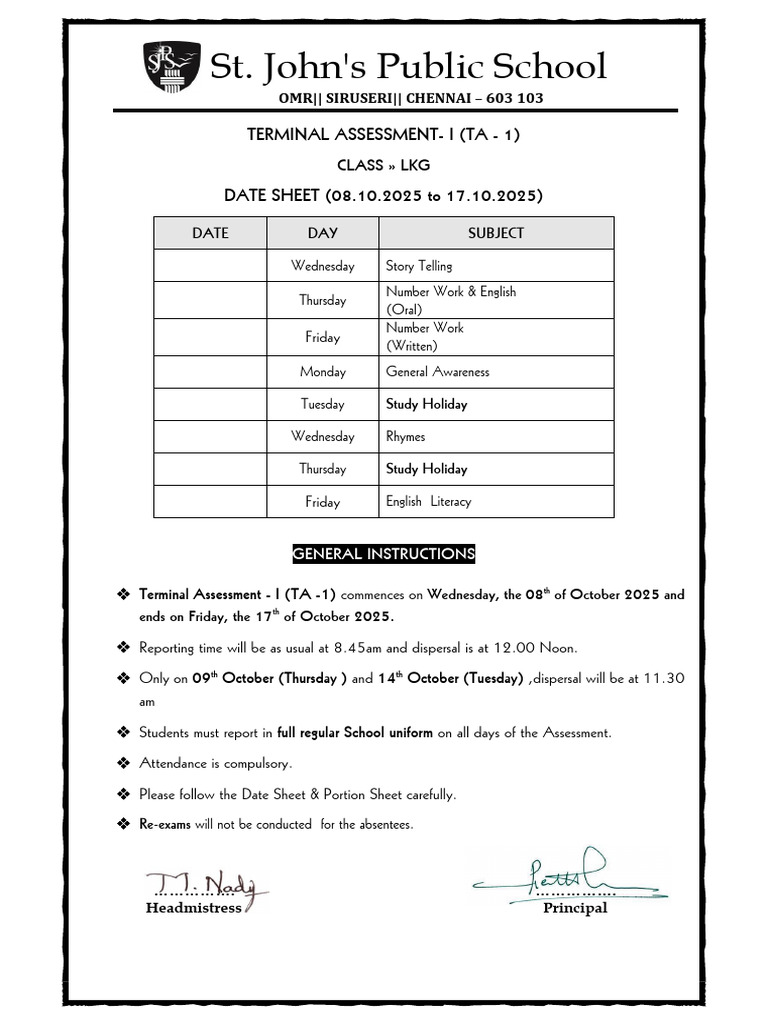 Terminal Assessment Exam Time Table - LKG | PDF