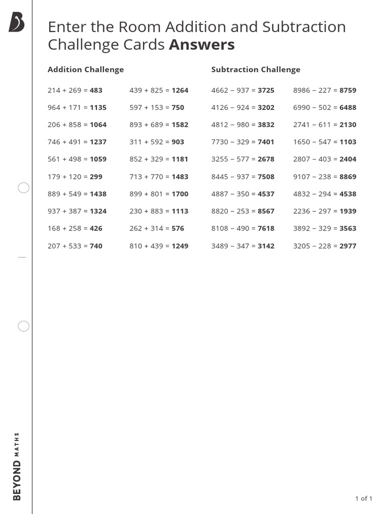 Addition and Subtraction Challenge - Answers | PDF