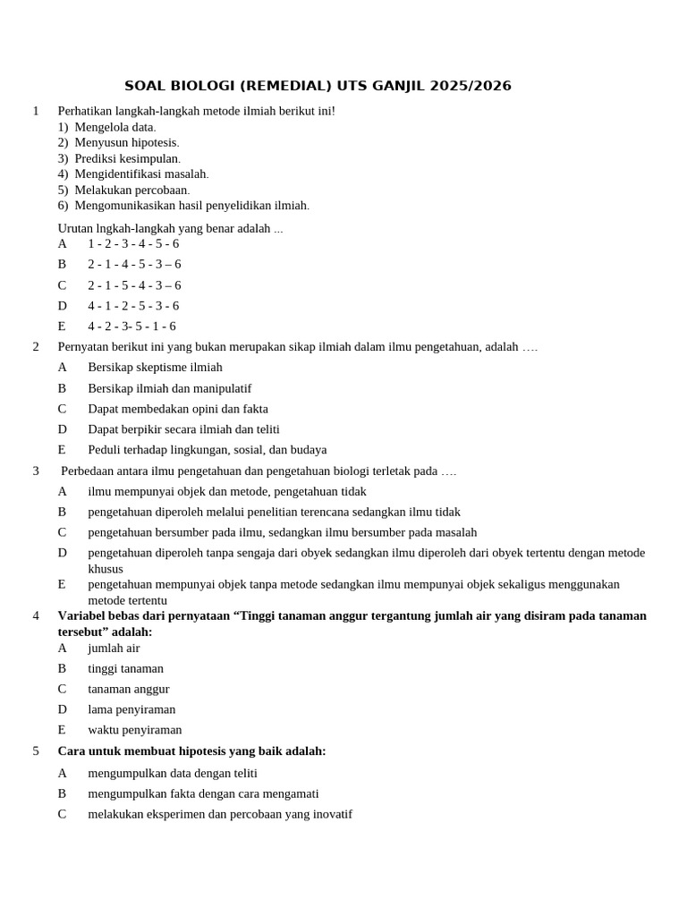 Soal Biologi Remedial Uts Gjl 2526_kelas x | PDF
