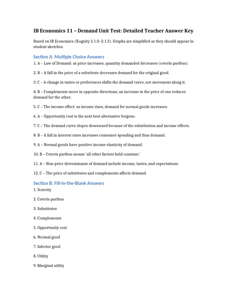 IB Economics 11 Demand Test AnswerKey Detailed | PDF | Demand | Demand ...