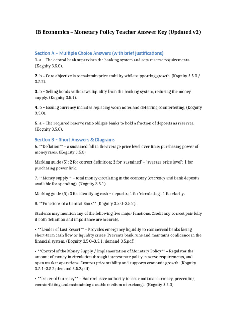 IB Econ MonetaryPolicy TeacherKey Detailed v2 | PDF | Money | Banks
