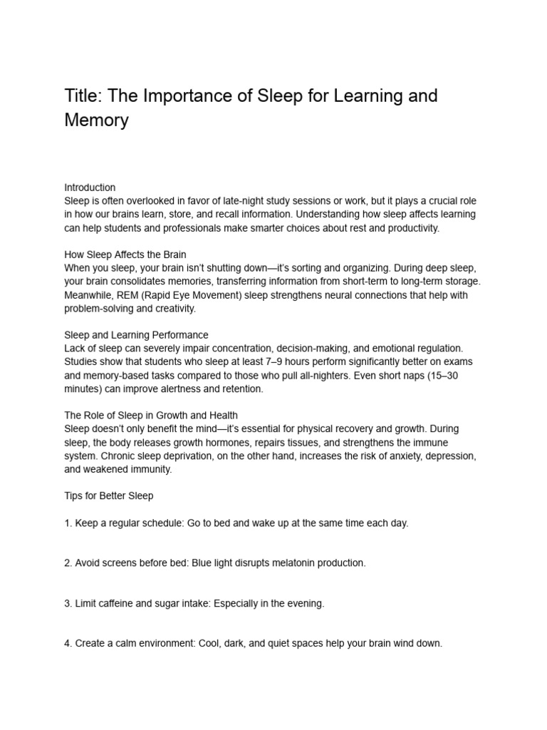 Title - The Importance of Sleep For Learning and Memory | PDF