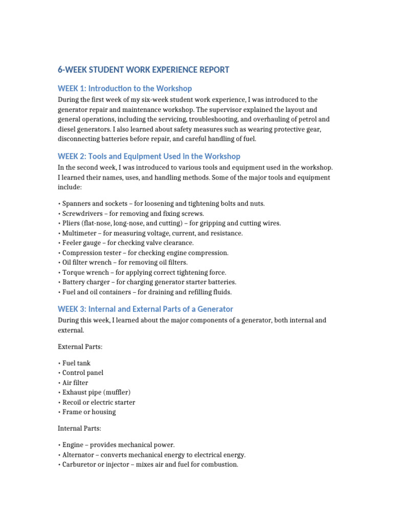 6-Week Generator Workshop Experience Report | PDF | Internal Combustion ...
