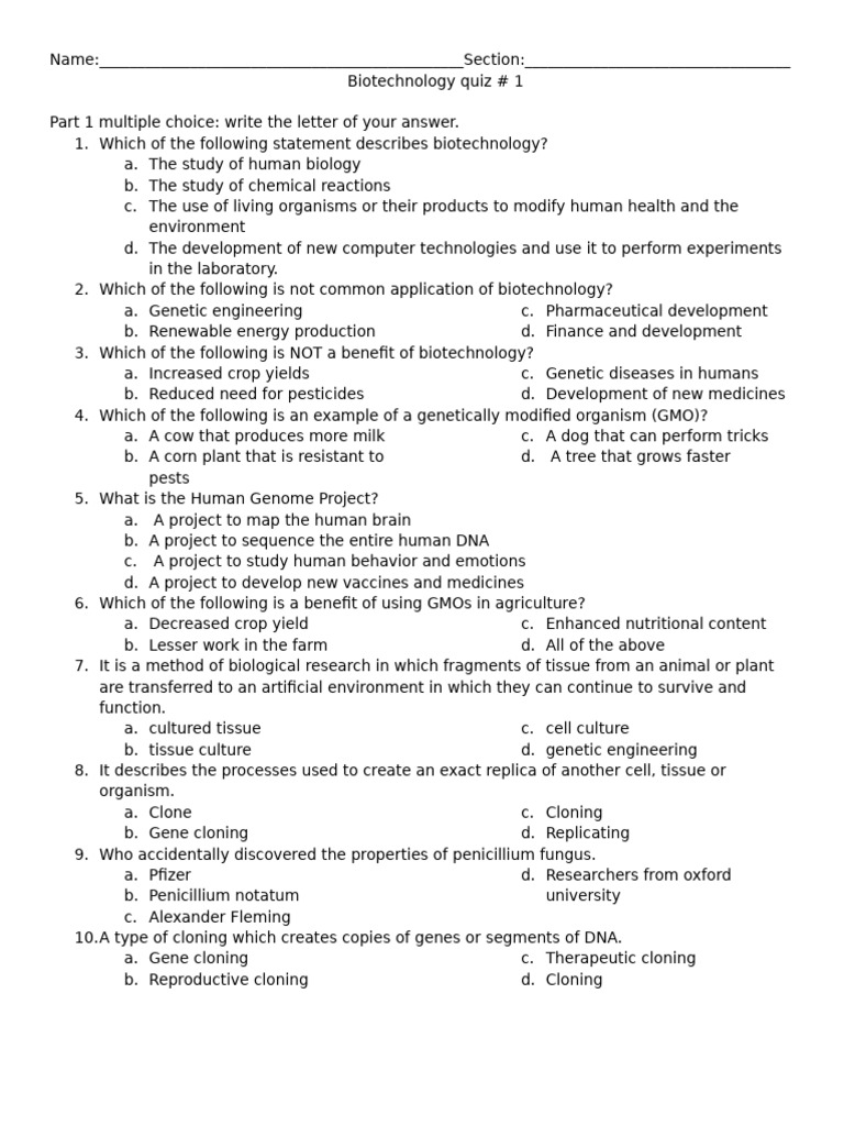 Biotechnology Quiz 1 | PDF | Biotechnology | Genetic Engineering