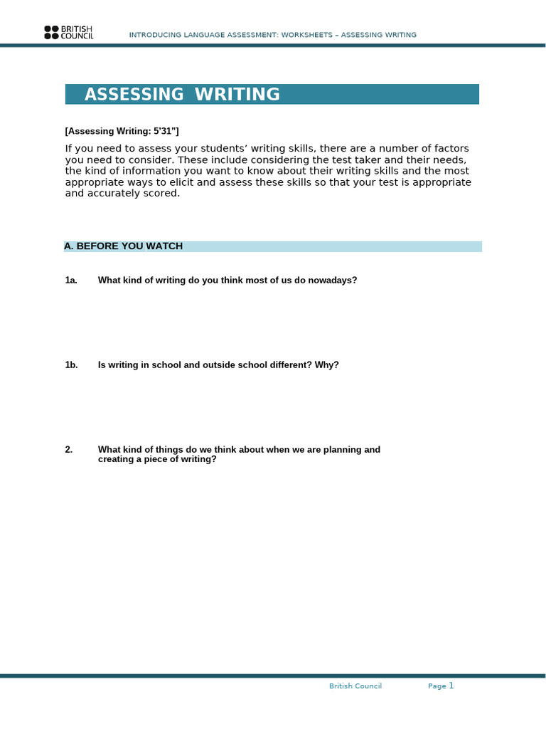 Assessing Writing Skills Worksheets | PDF | Cognition | Human Communication