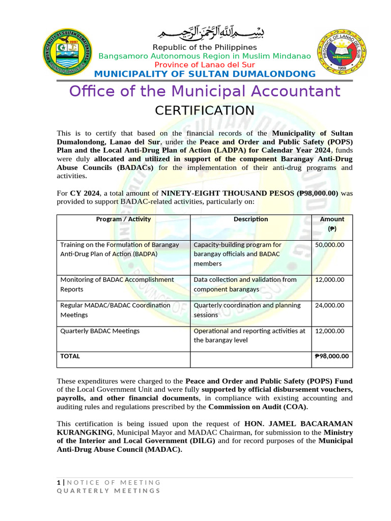 Sultan Dumalondong Anti-Drug Funding 2024 | PDF | Governance | Philippines
