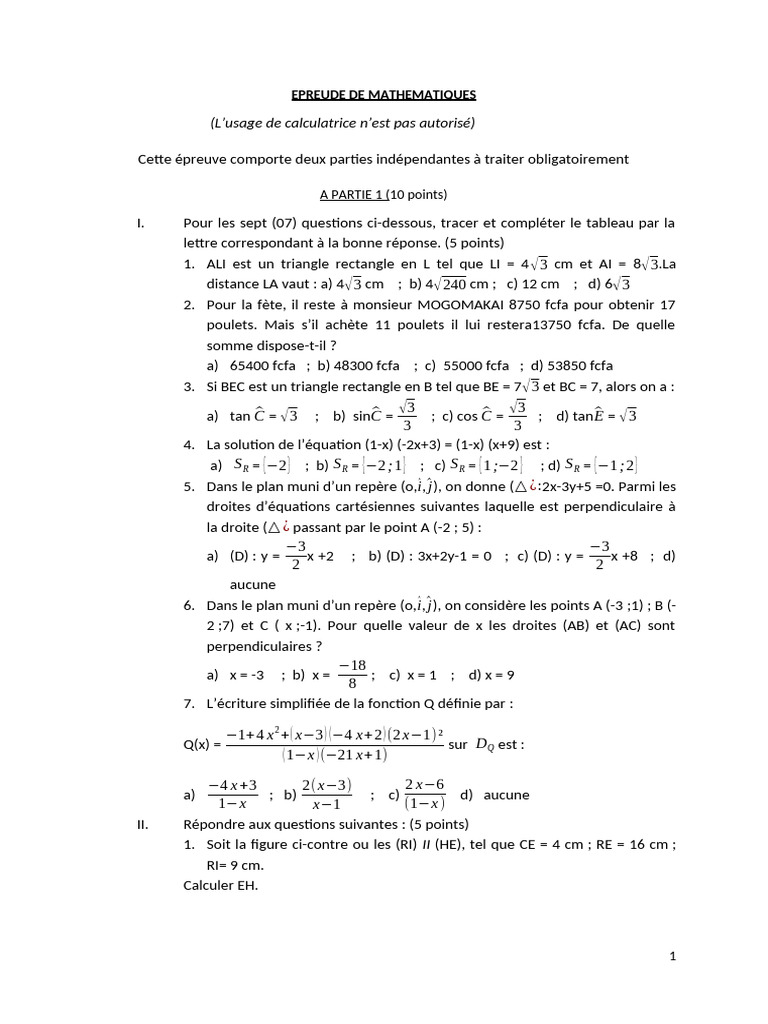 Épreuve de Mathématiques : Questions et Exercices | PDF | Mathématiques ...