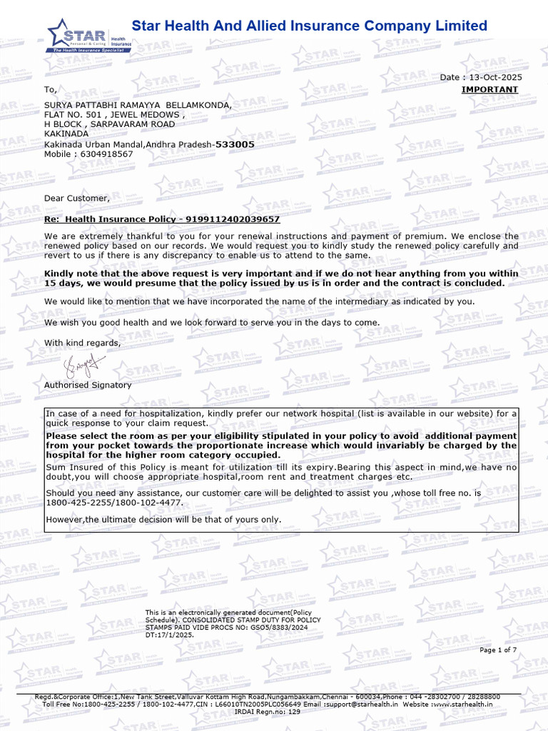 Star Helath Policy - Documentpdf 2025 | PDF | Insurance | Payments