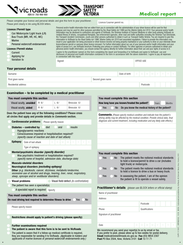 VicRoads Driver Medical Report Form | PDF | Driver's License | Driving