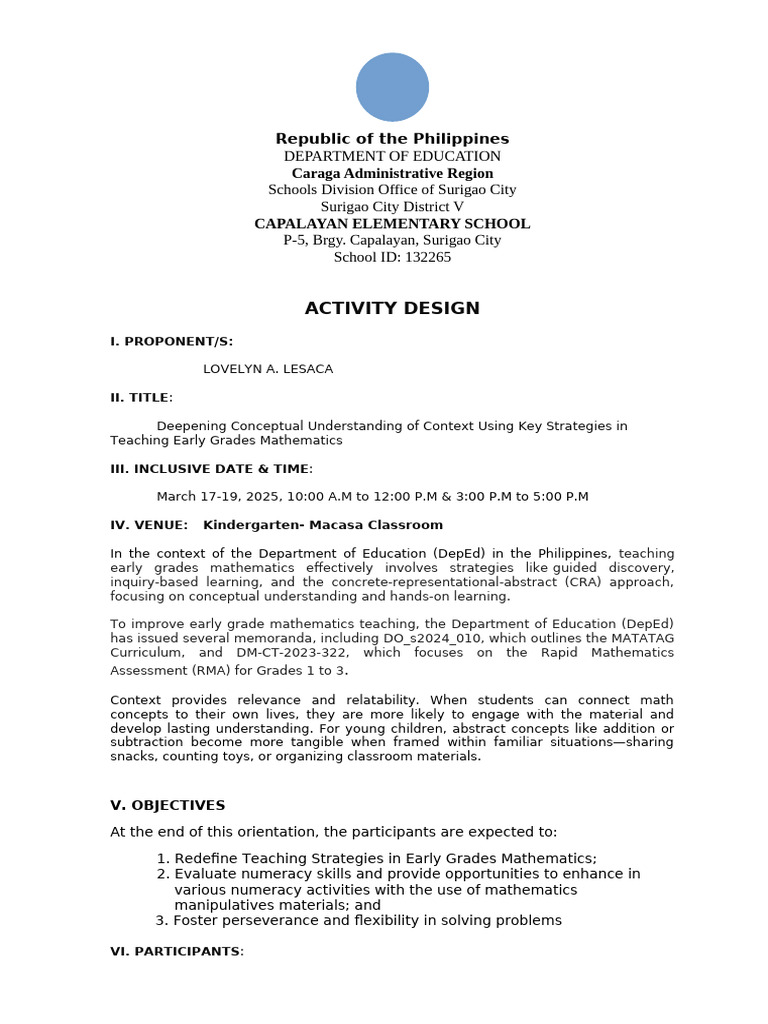 ACTIVITY DESIGN On SLAC Key Strategies in Teaching Early Grade Mathematics | PDF | Learning ...