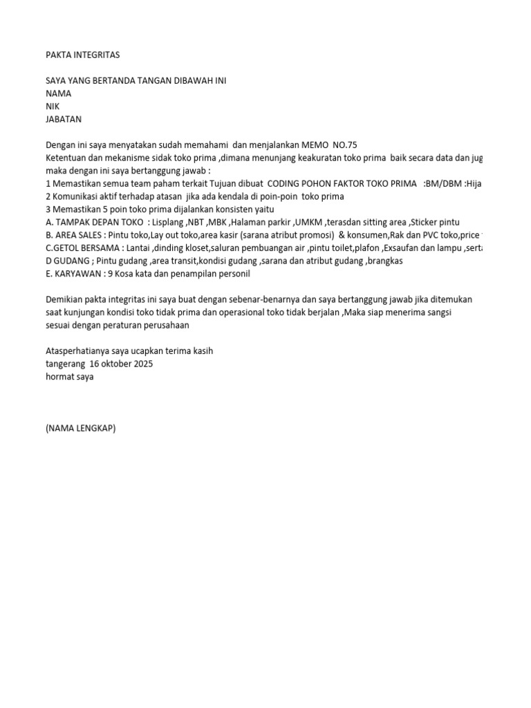 Pakta Integritas Toko Prima 2025 | PDF