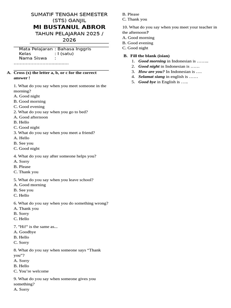 English Midterm Exam for Grade 1 | PDF