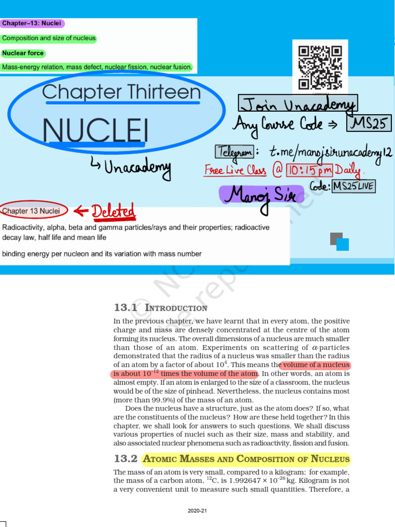 NCERT Highlights CH 13 Nuclei | PDF | Atomic Nucleus | Nuclear Fission