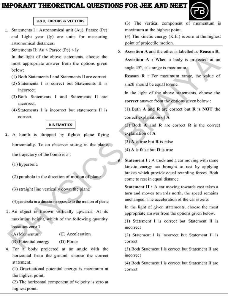 Important Theoritical Question For Jee and Neet | PDF | Theoretical ...