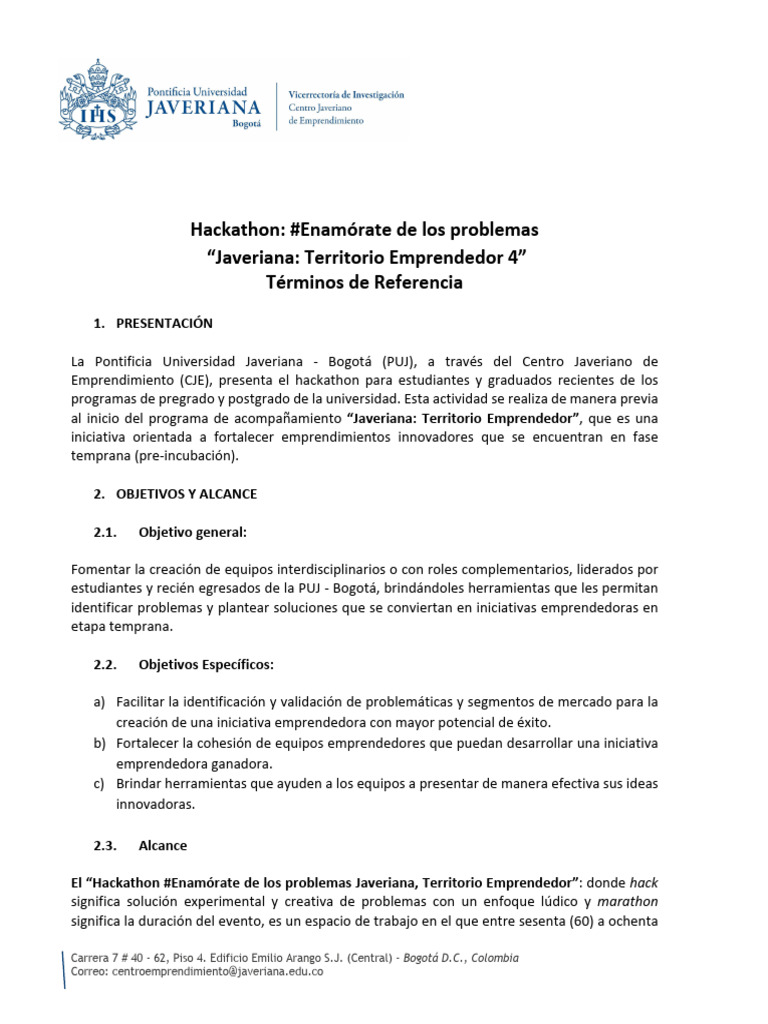 Terminos Hackhaton JTE 2021-I - Definitivos | PDF | Iniciativa empresarial | Bogotá