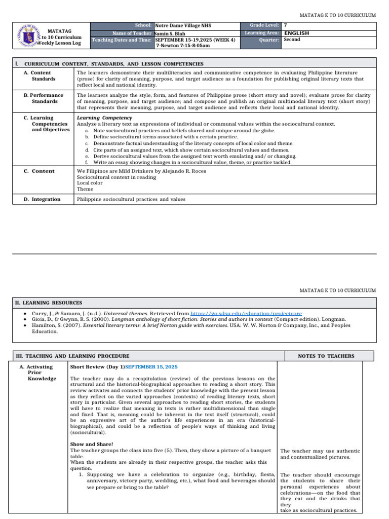 DLL Matatag - English 7 q2 w4 | PDF | Curriculum | Communication