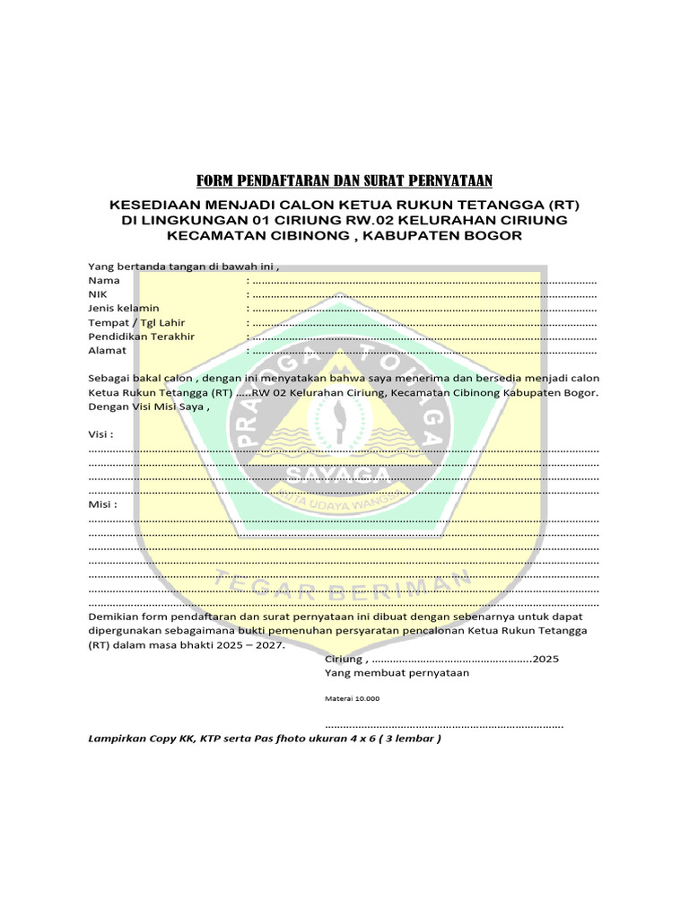 Form Pendaftaran Dan Surat Pernyataan RT | PDF